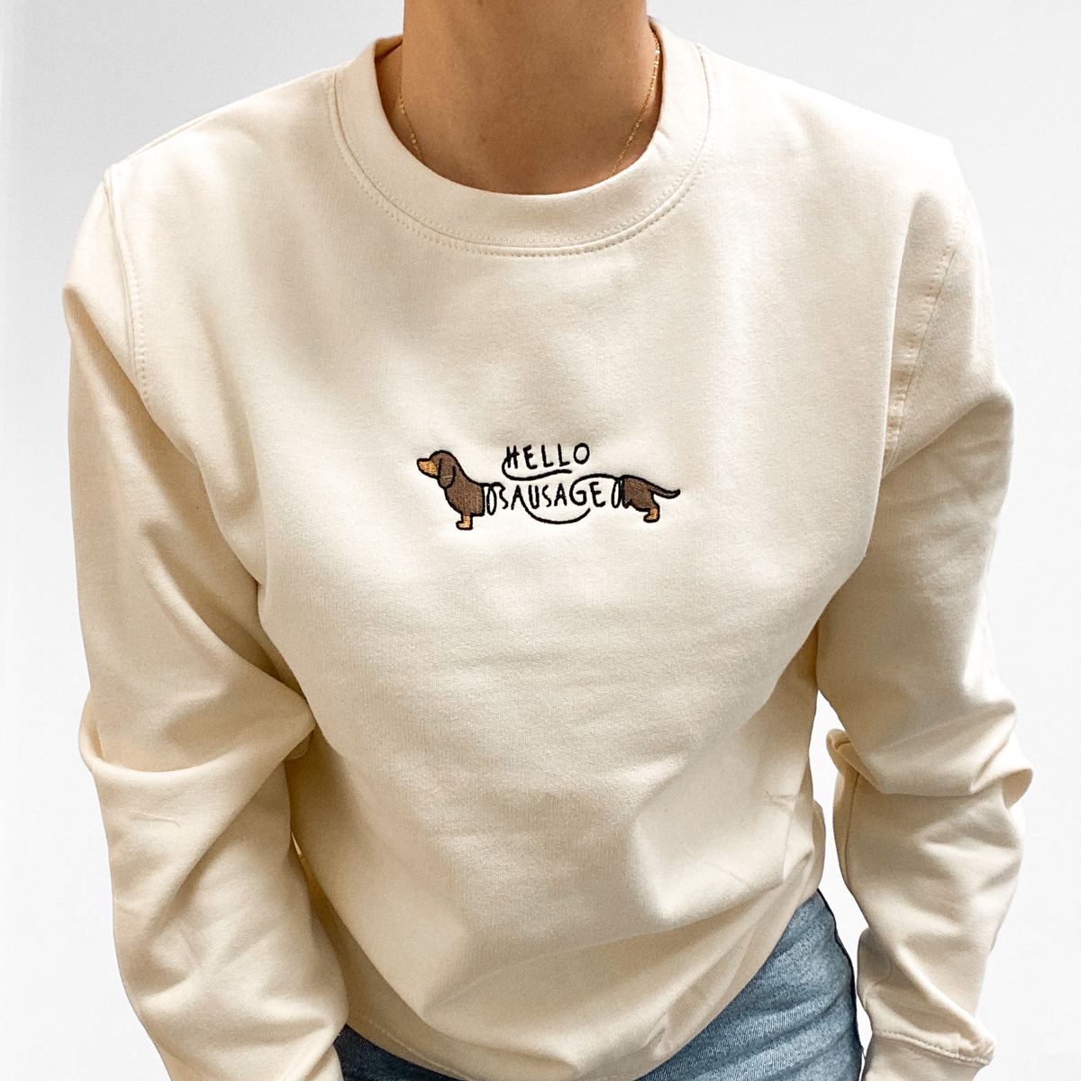 Embroidered Lightweight Sweatshirt - Hello Sausage - Vanilla – The ...
